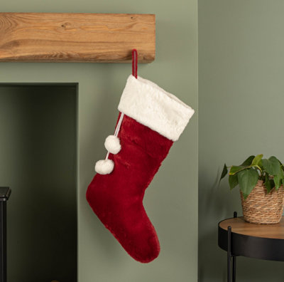 60cm Red Christmas Stocking with White Cuff and Pom Poms