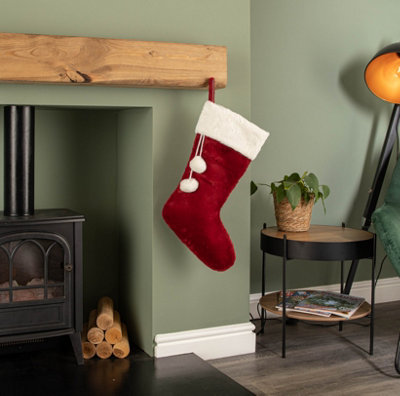 60cm Red Christmas Stocking with White Cuff and Pom Poms