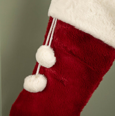60cm Red Christmas Stocking with White Cuff and Pom Poms