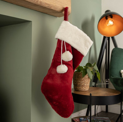 60cm Red Christmas Stocking with White Cuff and Pom Poms