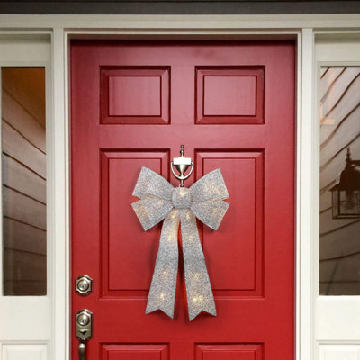 60cm Ribbon Bow Wreath with 20 Warm LED Lights, Indoor/Outdoor ...