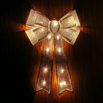 60cm Ribbon Bow Wreath with 20 Warm LED Lights, Indoor/Outdoor ...