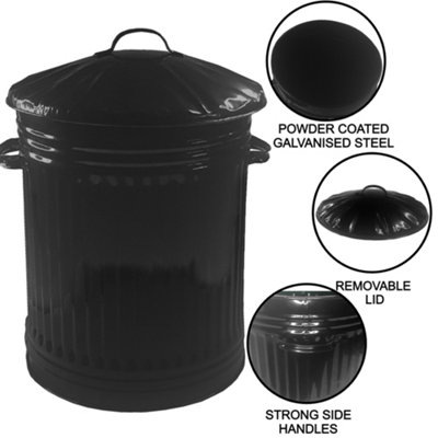 60L Black Retro Bin Vintage Style Metal Dustbin with Lid Suitable for ...