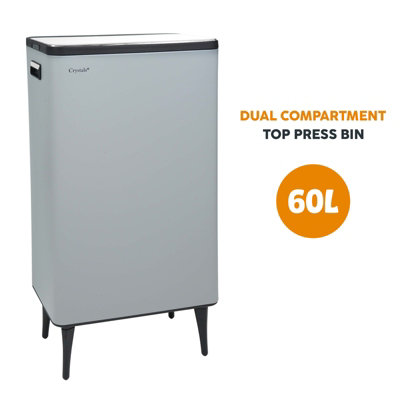 60L DUAL COMPARTMENT GREY KITCHEN WASTE BIN WITH PRESS TOP LID