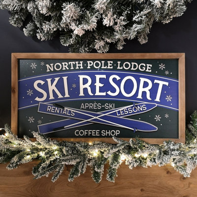 63cm Wooden Blue and Green North Pole Lodge Ski Resort Sign Christmas ...