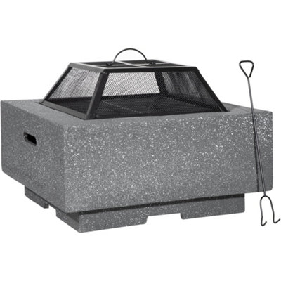 64cm Dark Grey Square Fire Pit Wood Burner & BBQ Grill Party Garden ...