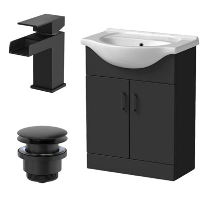 650mm Matt Black Bathroom Vanity Unit Freestanding Black Waterfall Tap ...