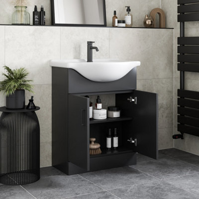 650mm Matt Black Bathroom Vanity Unit Freestanding Chrome Malmo Tap ...