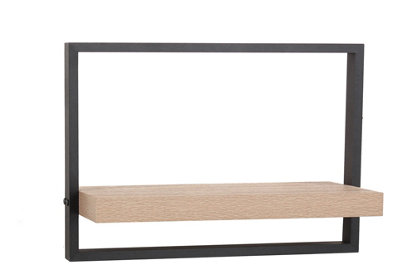 650mm nova framed floating shelf kit, oak effect shelf with black frame