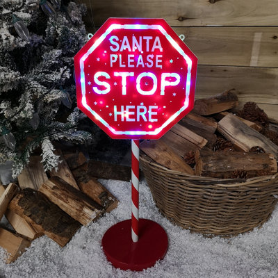 65cm Light Up Christmas Red and White Santa Stop Here Outdoor Sign with ...