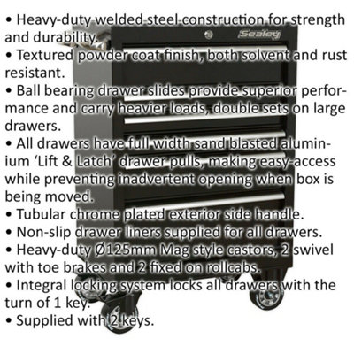 675 x 460 x 1050mm 6 Drawer BLACK Portable Tool Chest Locking Mobile ...