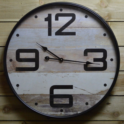 67cm Dia Large Round Faced Wood Effect Wall Clock with Thin Black Metal ...