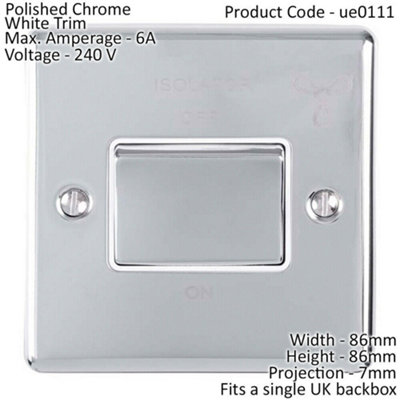 6A Extractor Fan Isolator Switch CHROME & White Trim 3 Pole Shower