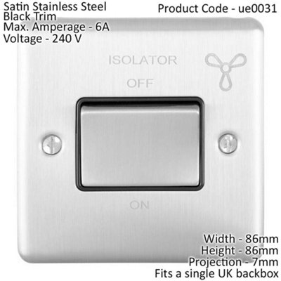 6A Extractor Fan Isolator Switch SATIN STEEL & Black Trim 3 Pole Shower