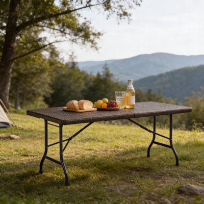 6ft Brown Folding Rattan Effect Tabletop Plastic Camping Table Trestle ...