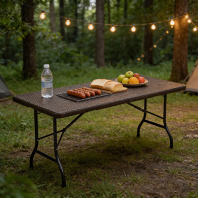 6ft Brown Folding Rattan Effect Tabletop Plastic Camping Table Trestle ...