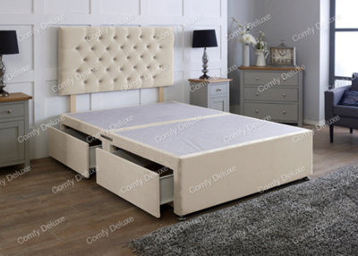 6FT Coffee Plush Superking Divan Bed Base With Headboard 4 Drawers
