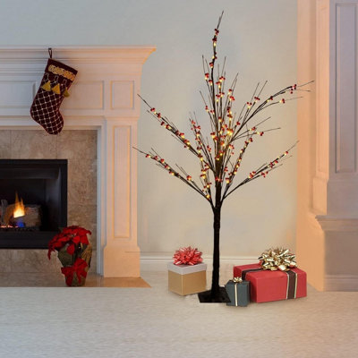 6FT Pre-Lit Brown Twig Tree 96 warm white LED lights Flat Birch Xmas ...