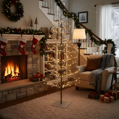 6Ft Pre-Lit Twig Tree with 160 Warm White LEDs - Snow Flocked Brown ...