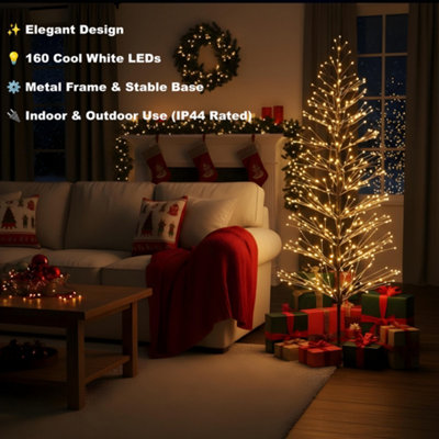 6Ft Pre-Lit Twig Tree with 160 Warm White LEDs - Snow Flocked Brown ...