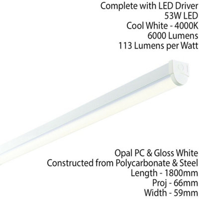 6ft SINGLE 53W Cool White LED Linear Ceiling Strip Light Slim Batten ...