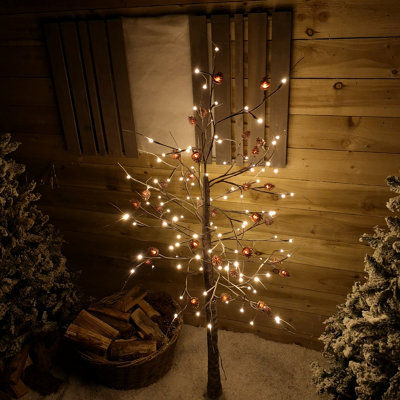 6ft Snowy Brown Twig Outdoor Christmas Tree with Pine Cones & 144 Warm ...