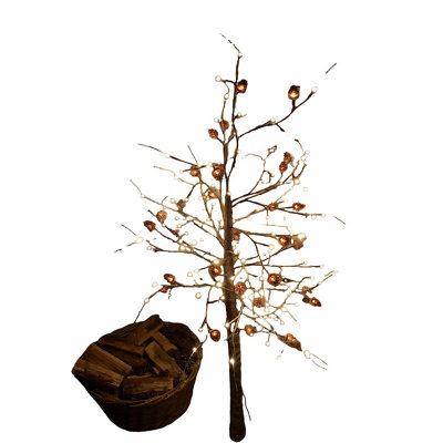 6ft Snowy Brown Twig Outdoor Christmas Tree with Pine Cones & 144 Warm ...