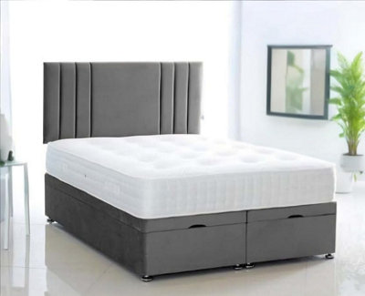 6FT Super King Ottoman Divan Bed Set, Grey Plush Velvet, 26'' Vertical ...