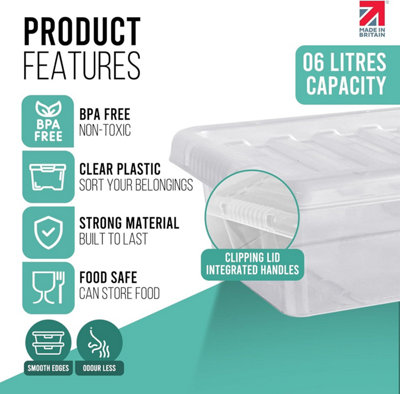 6L BPA free Plastic Storage Boxes With Lids Set of 4, Stackable, Clear