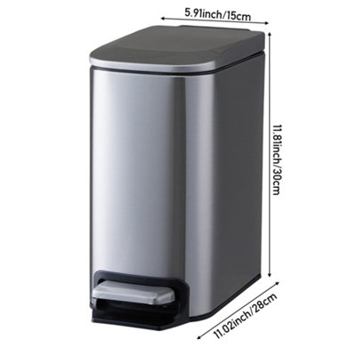 6L Matte Silver Trash Bin With Soft-Close Foot Pedal, 15cm W x 28cm D x ...