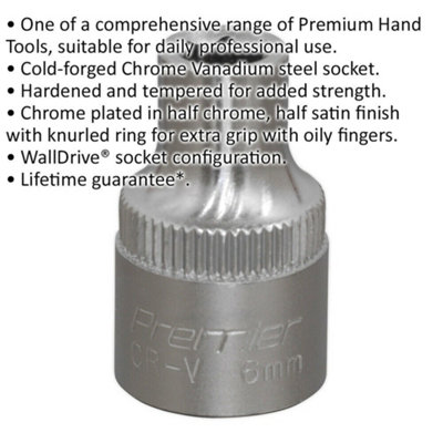 6mm Chrome Vanadium Forged Steel Drive Socket - 3/8 Inch Square Drive Tool