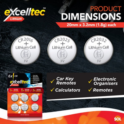 6pk Replacement Car Key Fob Batteries 3V 2xCR2032, 2xCR2025, 2xCR2016 ...