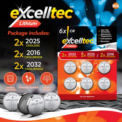 6pk Replacement Car Key Fob Batteries 3V 2xCR2032, 2xCR2025, 2xCR2016 ...