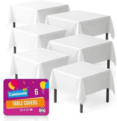 6pk White Table Cloth Party 121 x 121cm Plastic Cover Disposable Heavy ...
