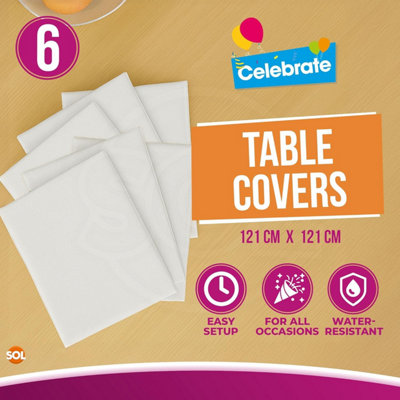 6pk White Table Cloth Party 121 x 121cm Plastic Cover Disposable Heavy ...