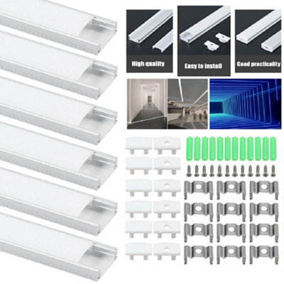6x 1m Aluminium LED Strip Channel Profile with Diffuser Cover and Fixings