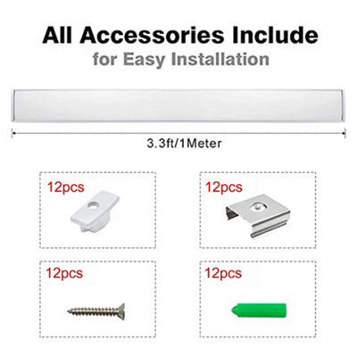 6x 1m Aluminium LED Strip Channel Profile with Diffuser Cover and Fixings