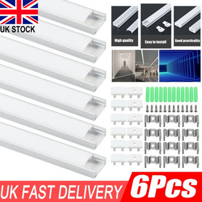 6x 1m Aluminium LED Strip Channel Profile with Diffuser Cover and Fixings