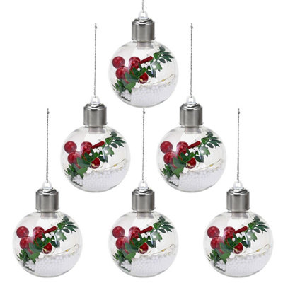 6X 7.8Cm Snow Filled Illuminated Led Light Up Baubles - Filled Brim ...