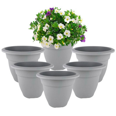 6x Grey Round Bell Plant Pots 30cm Plastic Bell Planter Patio Pot
