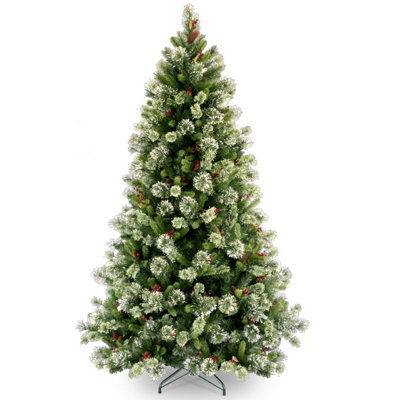 7.5' Wintry Pine Tree Hinged Tree With Cones, Red Berries & Snowflakes