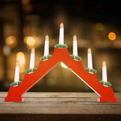 7 LED WOODEN CHRISTMAS B/O CANDLE BRIDGE - RED