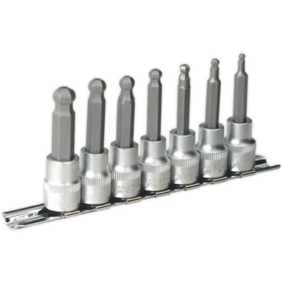 7-Piece Ball-End Hex Socket Bit Set with Chrome Vanadium Steel - 3/8" Drive