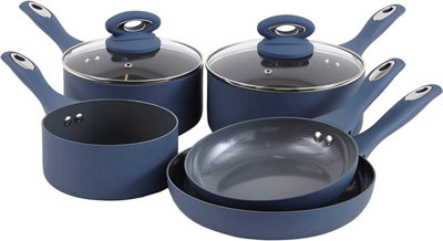 7 Piece Navy Kitchen Cookware Set - Dishwasher Safe Aluminium Pots ...