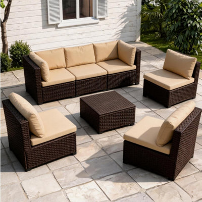 7 Piece Rattan Garden Furniture Set, 6 Seater Corner Sofa with Coffee ...
