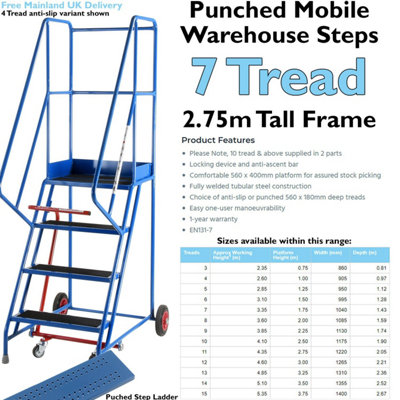 7 Tread Mobile Warehouse Safety Ladder with Punched Steps - EN131 ...