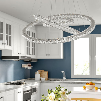 70cm Crystal Chandelier, Adjustable 3 Ring LED Ceiling Light for Dining ...