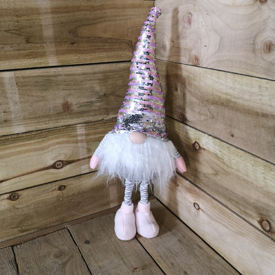70cm Extendable Leg Grey Pink and White Christmas Gonk with Sequin Hat