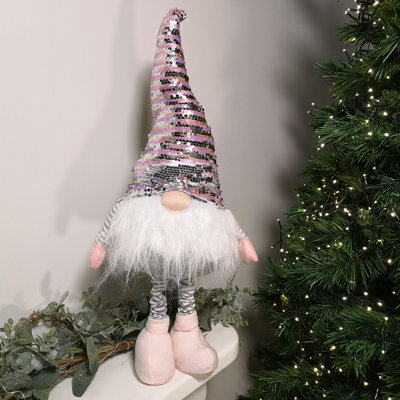 70cm Extendable Leg Grey Pink and White Christmas Gonk with Sequin Hat