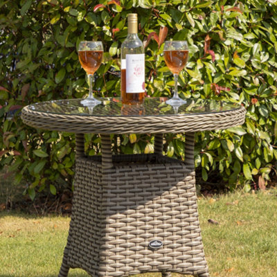 70cm Round Rattan Wicker Garden Bistro Table - Brown & Glass Outdoor ...